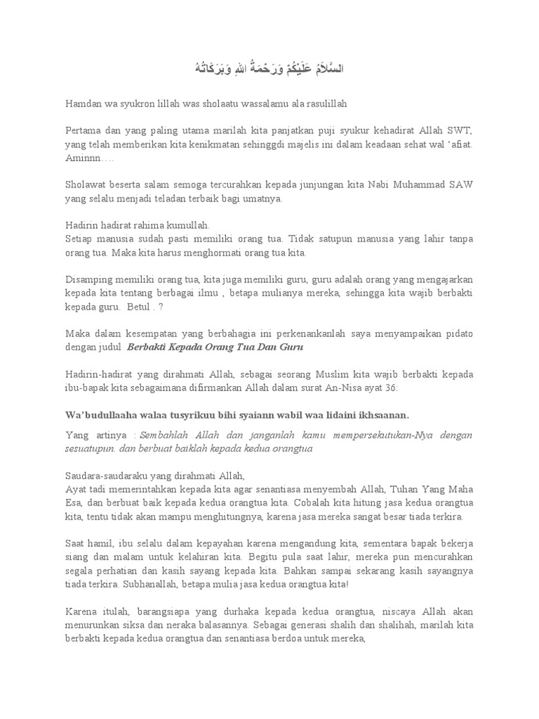 Teks Pidato B. Indonesia (Berbakti Kepada Kedua Orang Tua & Guru) | PDF | Pengembangan Diri ...
