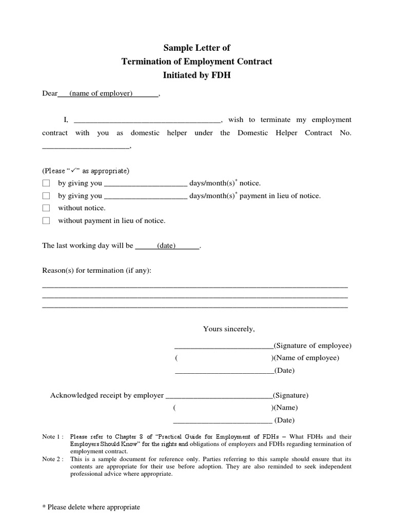 Sample Letter of Termination of Employment Contract Initiated by FDH ...