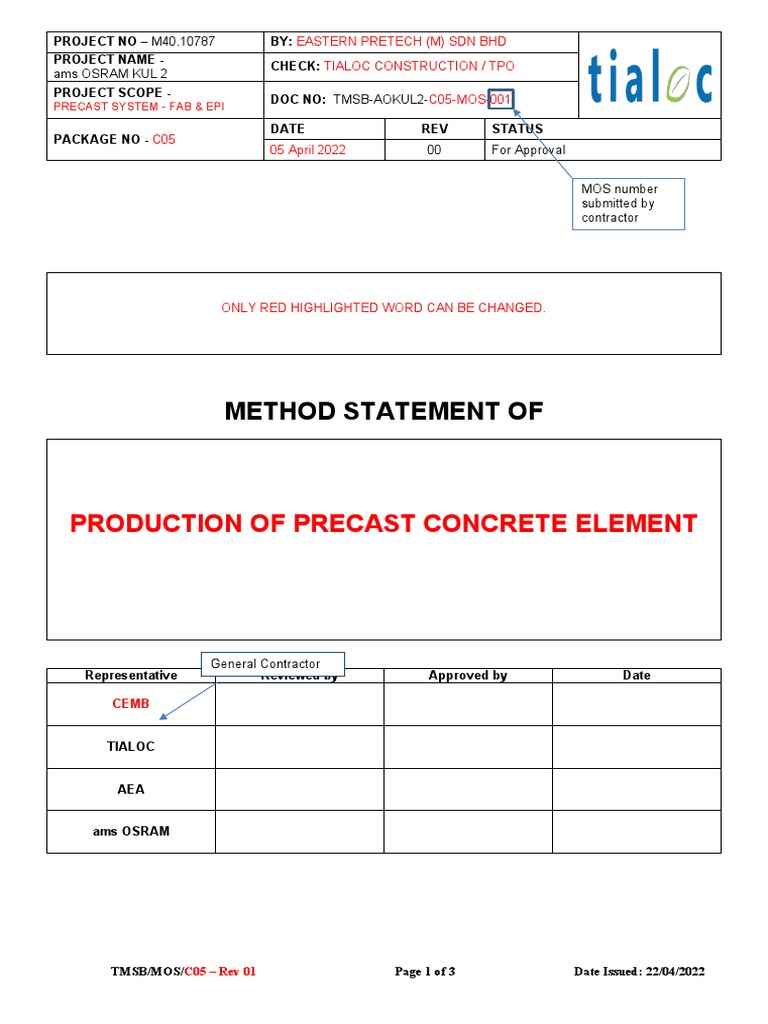 Precast Concrete Method Statement | PDF