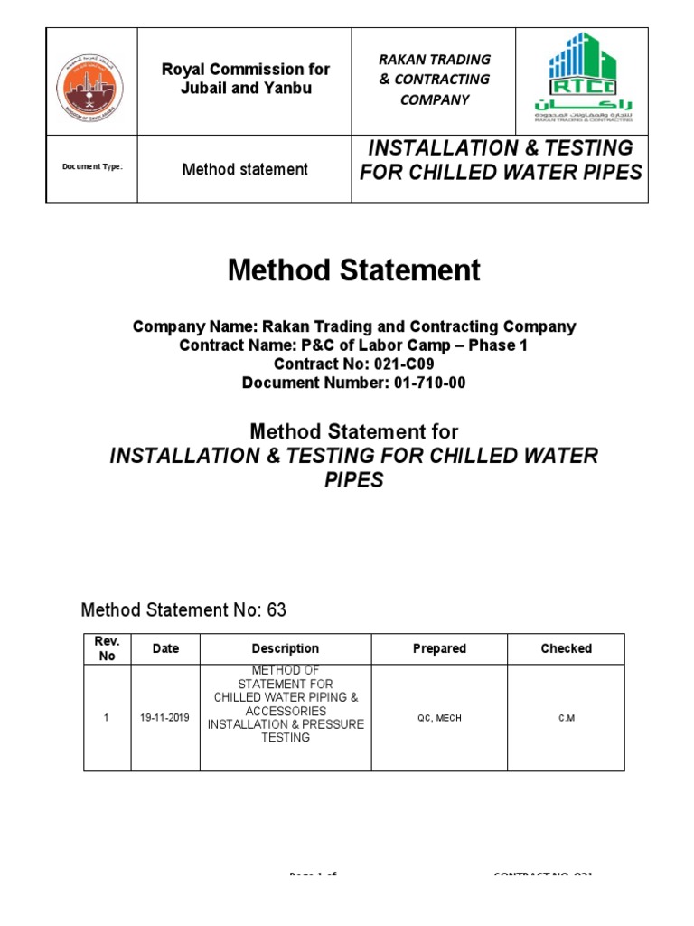 Method Statement For Installation of Chiller Pipe | PDF | Pipe (Fluid Conveyance) | Welding