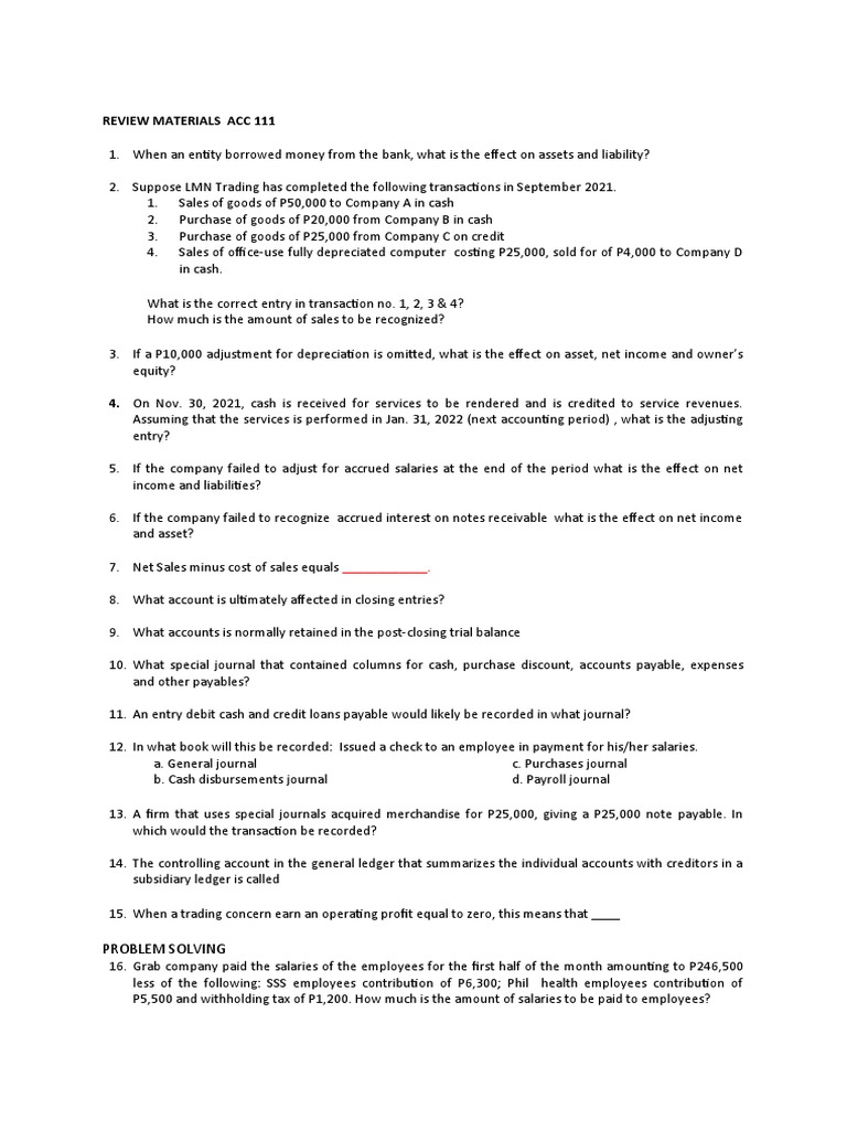 ACC 111 Review Materials For Final Exam COPY To Students | PDF | Debits And Credits | Money