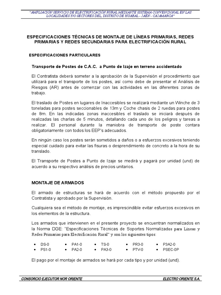 Especificaciones Técnicas de Montaje de Líneas Primarias, Redes ...