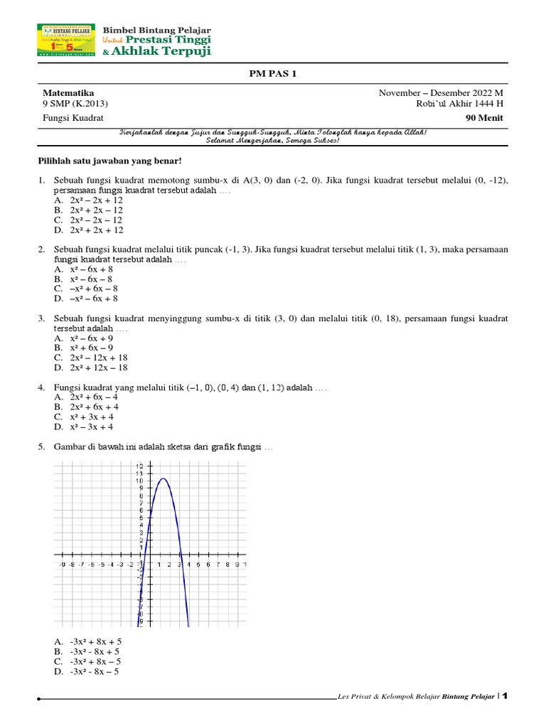 Soal Matematika Fungsi Kuadrat SMP | PDF