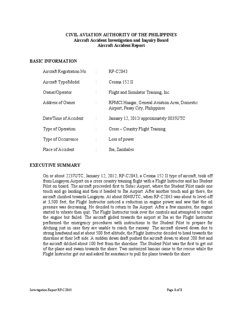 Cessna 152 II Accident Report RP-C2843 | PDF | Aviation Accidents And ...