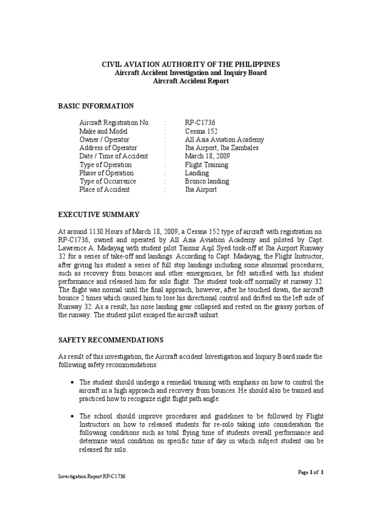 RP C1736 - Accident 03182009 | PDF | Takeoff | Aviation Accidents And ...