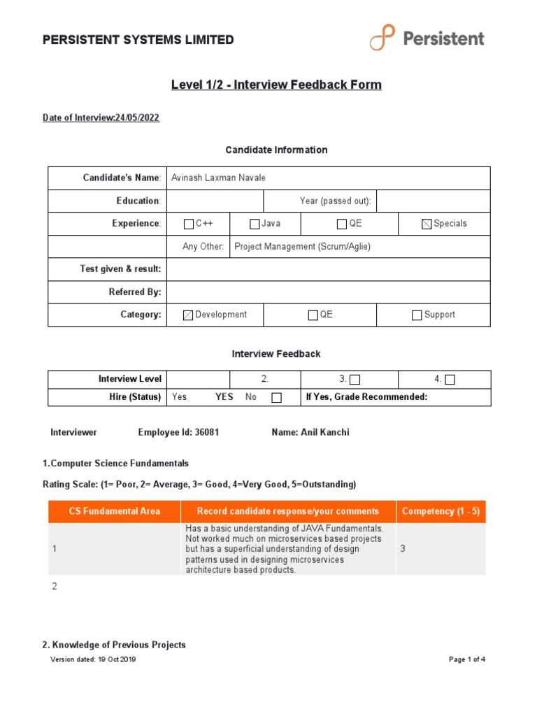 Persistent Systems Limited Level 1/2 - Interview Feedback Form | PDF ...