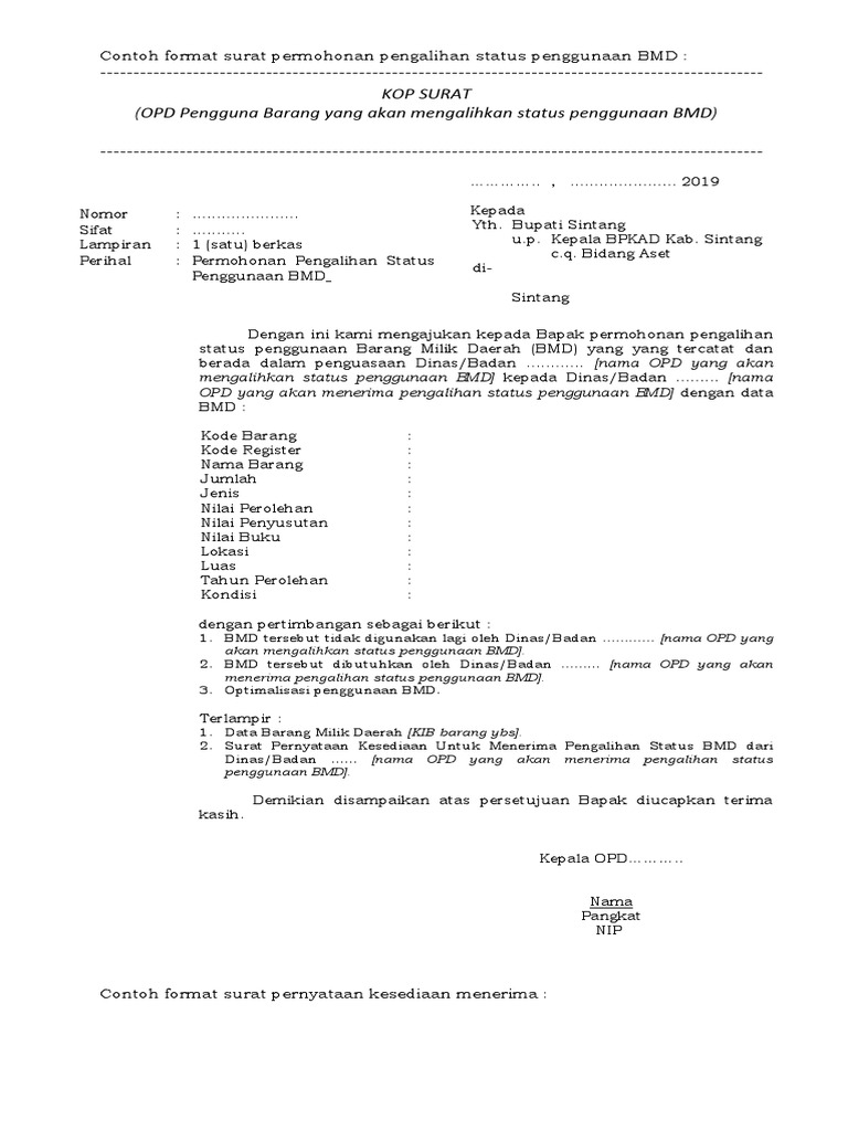Format Pengalihan Status Penggunaan BMD | PDF