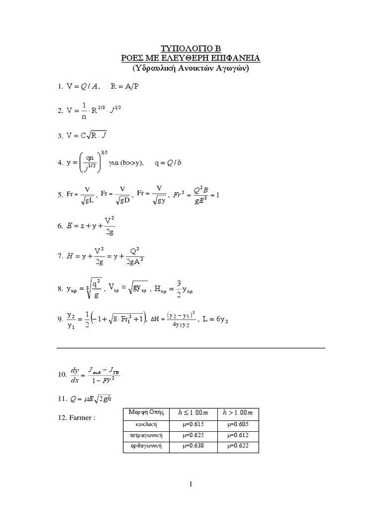 Υδραυλική ΤΥΠΟΛΟΓΙΟ ΑΝΟΙΚΤΩΝ ΑΓΩΓΩΝ | PDF