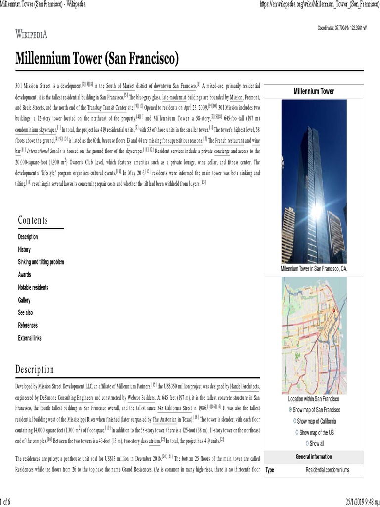 Millennium Tower (San Francisco) - Wikipedia | PDF