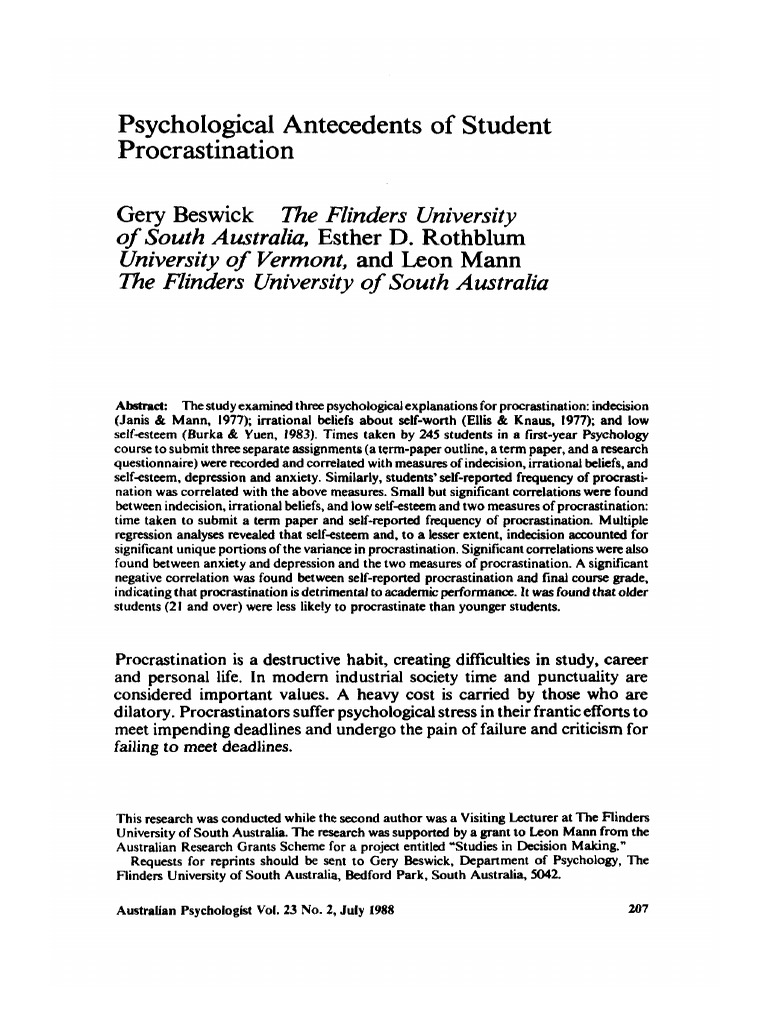 Psychological Antecedents of Student Procrastination | PDF ...