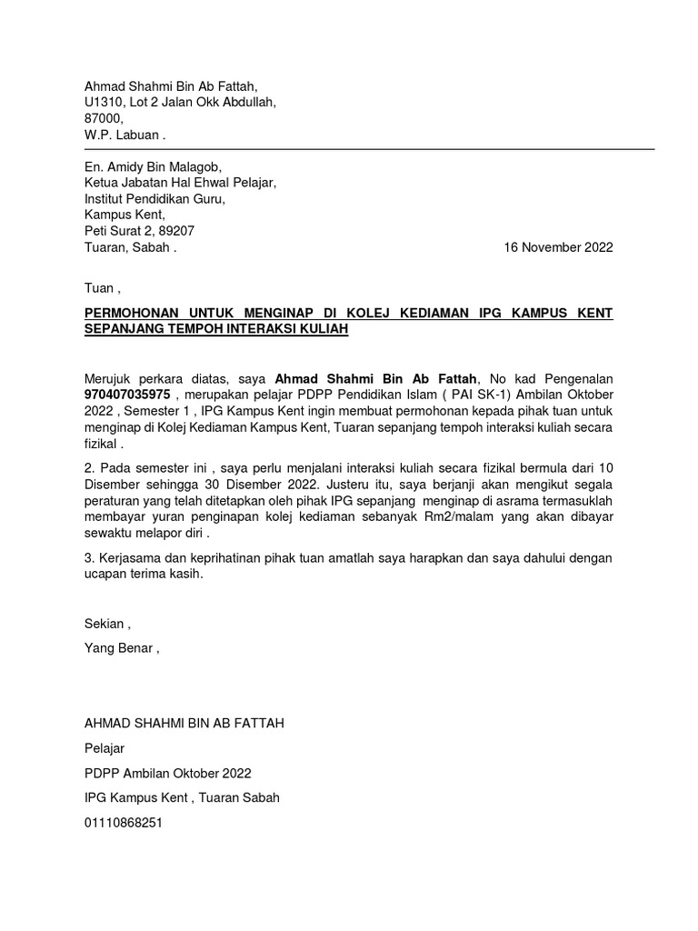 Surat Permohonan Penginapan | PDF