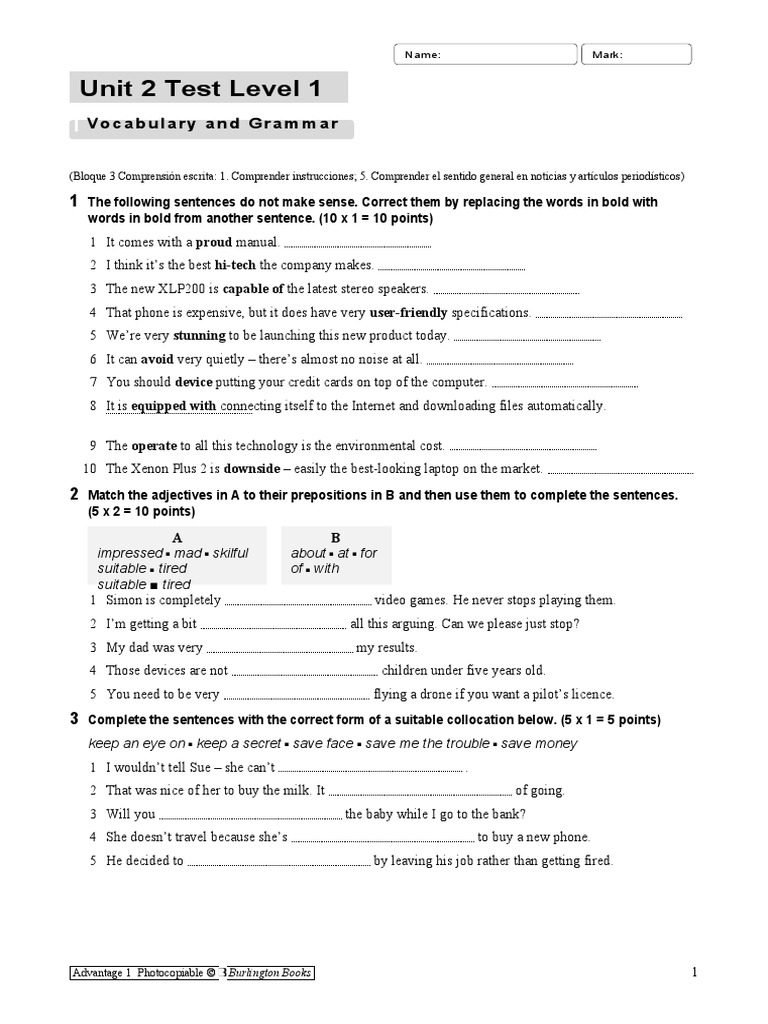 01advantage1 UT2 Test Level1 | PDF | Languages | Foreign Language Studies