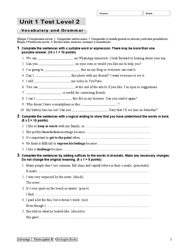 02advantage1 UT1 Test Level2 | PDF | Cognition | Human Communication