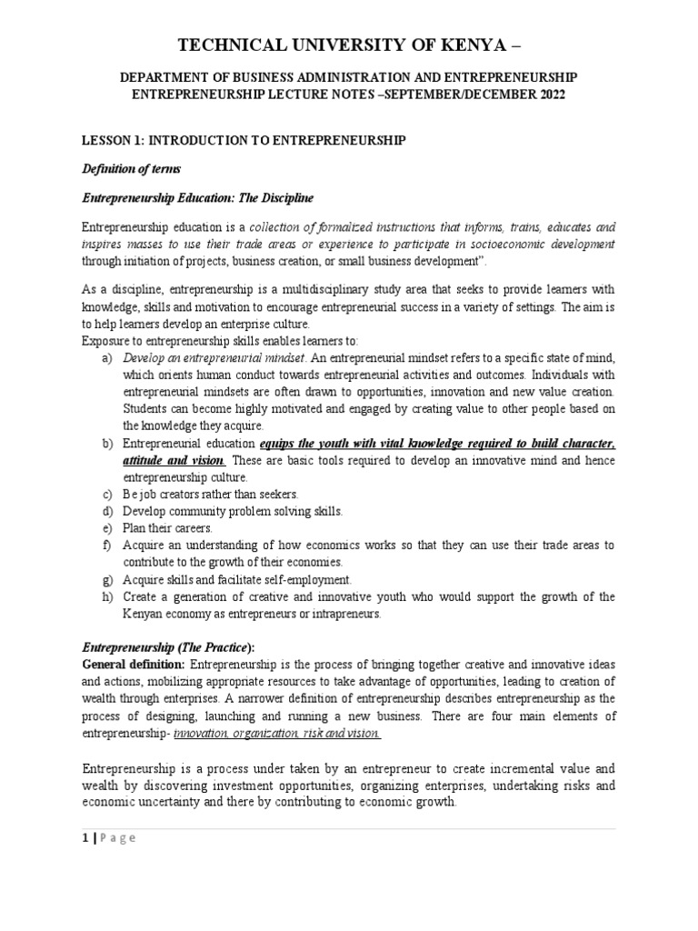 Entrepreneurship Development Notes 2022F | PDF | Entrepreneurship ...