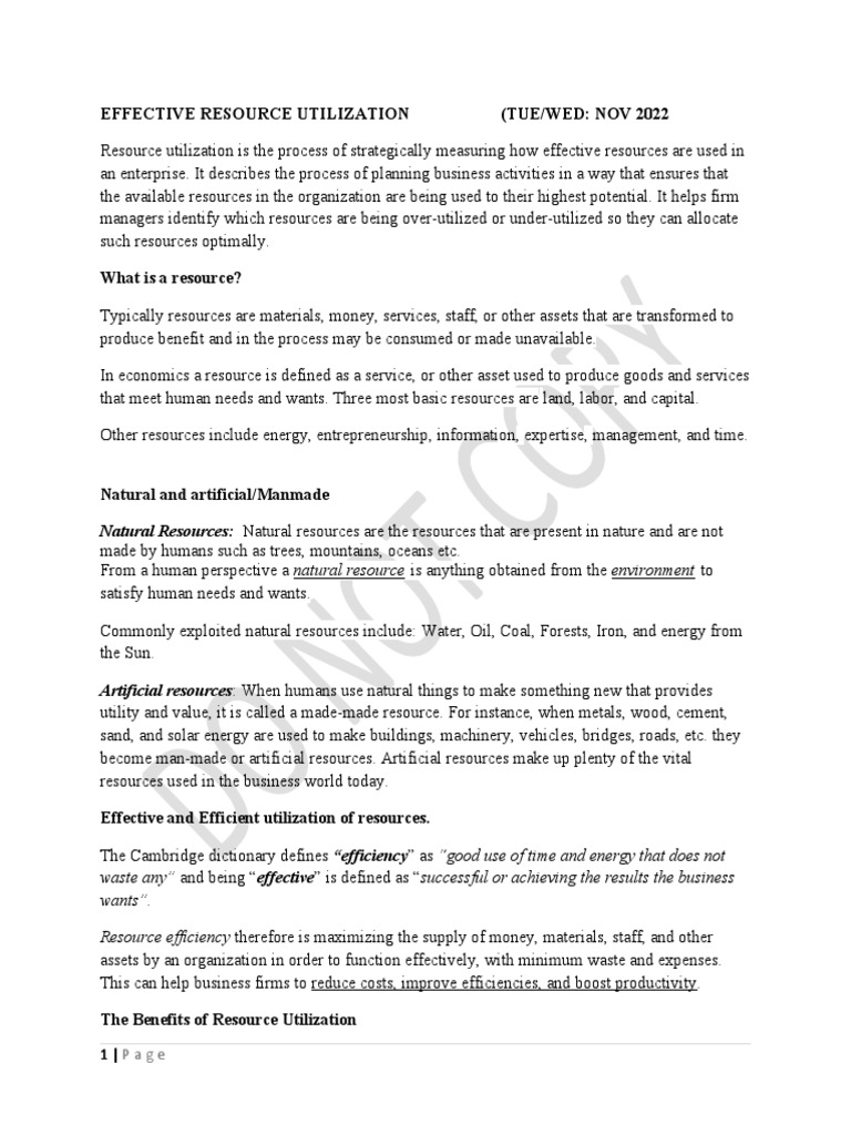 Effective Utilization Of Resources Pdf Resource Operations Management