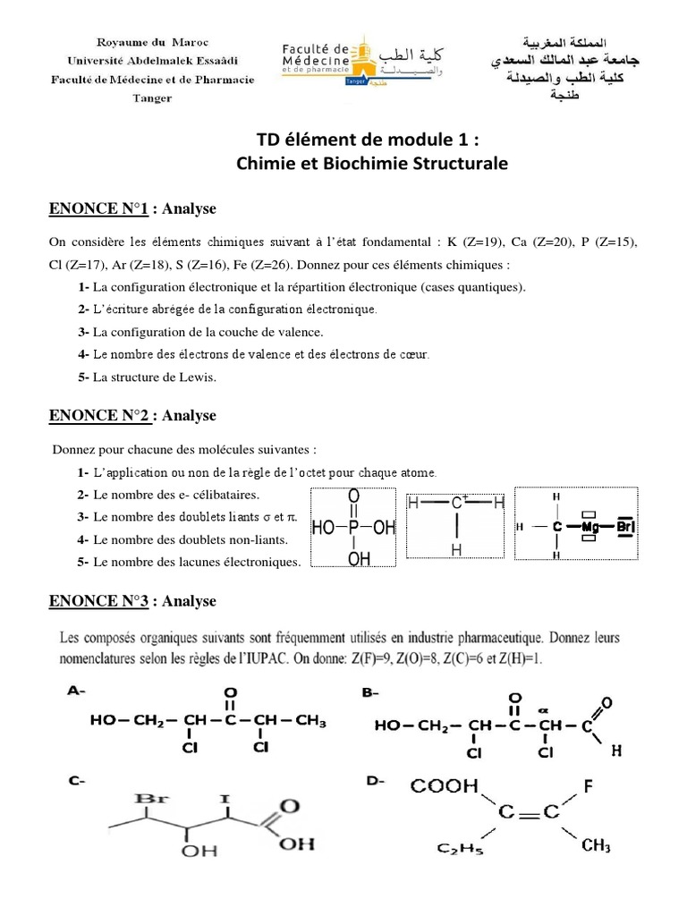 TD Élément de Module 1 - Chimie Et Biochimie Structurale | PDF