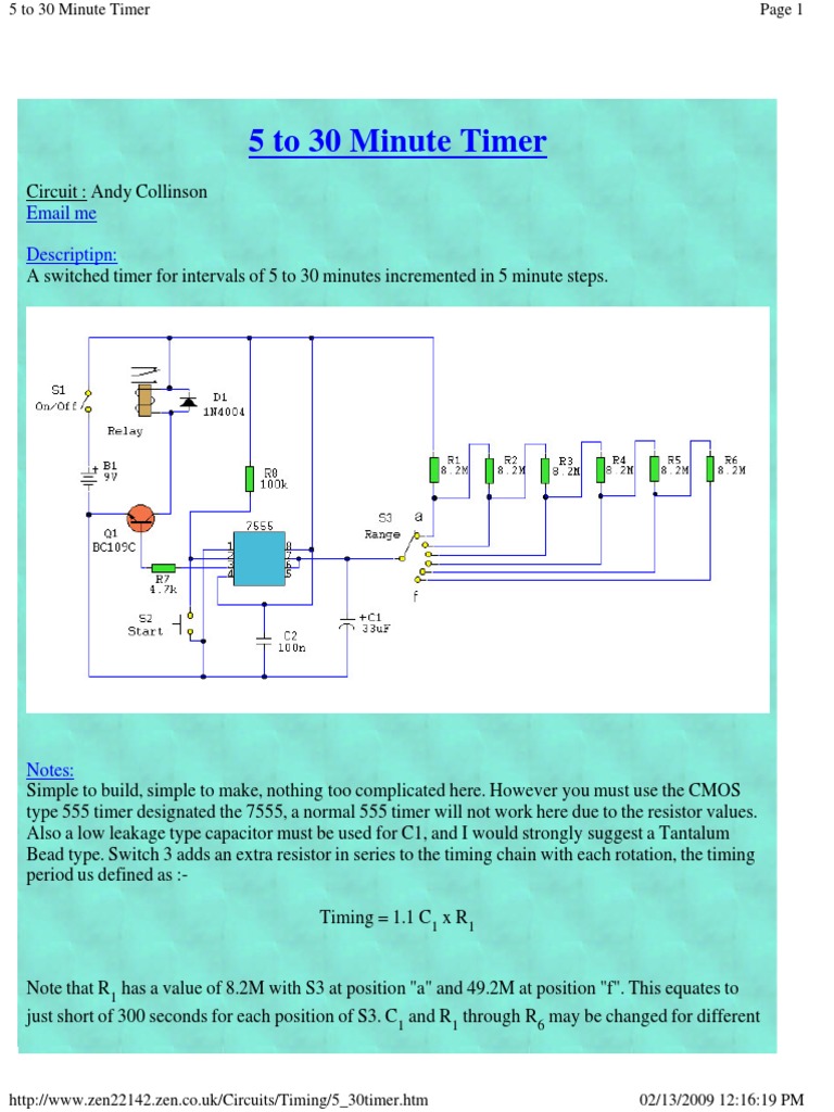 Adjustable 5 to 30 Minute Timer Circuit Using CMOS 7555 Timer IC | PDF