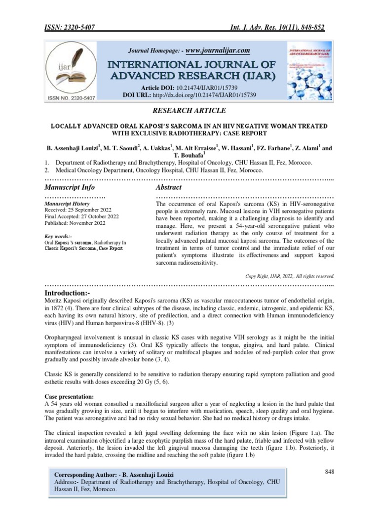 Locally Advanced Oral Kaposis Sarcoma In An Hiv Negative Woman Treated With Exclusive
