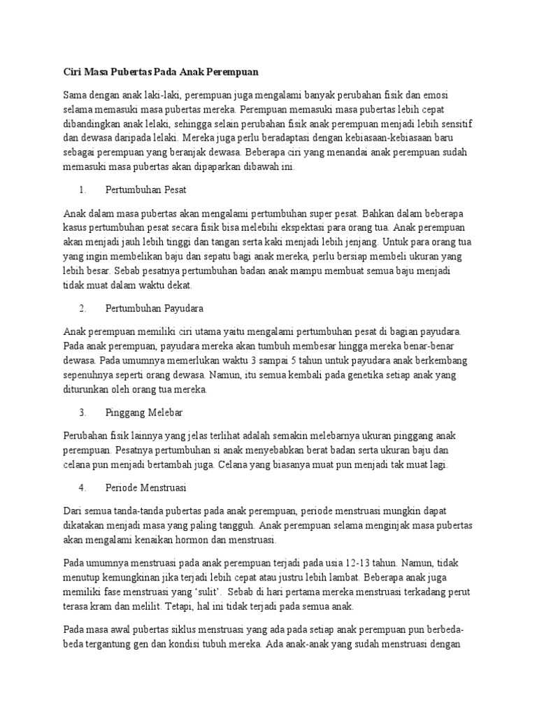Ciri Masa Pubertas Pada Anak Perempuan | PDF | Pengembangan Diri | Gaya Hidup