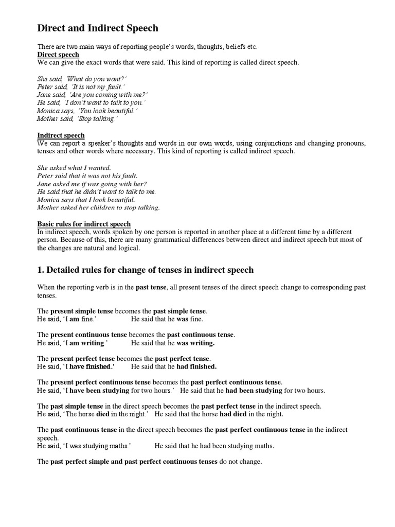 Direct vs. Indirect Speech Guide | PDF | Grammatical Tense | Linguistics