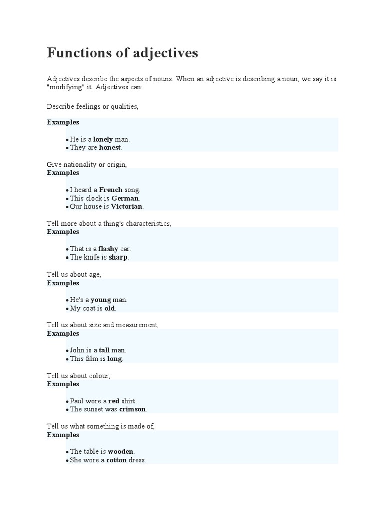 Functions of Adjectives | PDF