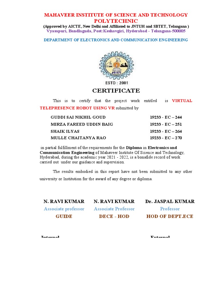 Certificate for the project "VIRTUAL TELEPRESENCE ROBOT USING VR | PDF | Diploma | Educational ...