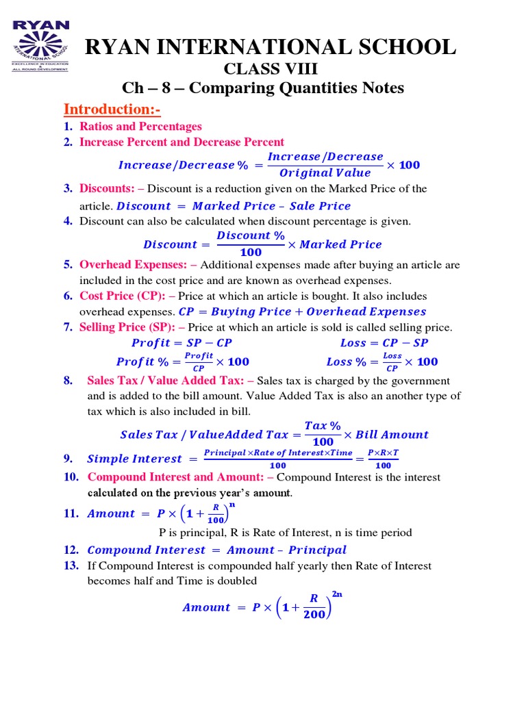 Class 8 Comparing Quantities Notes | PDF | Interest | Percentage