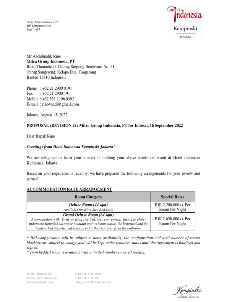 Hotel Indonesia Kempinski Jakarta - Proposal Letter For Group Mitra Indonesia On September 16th ...