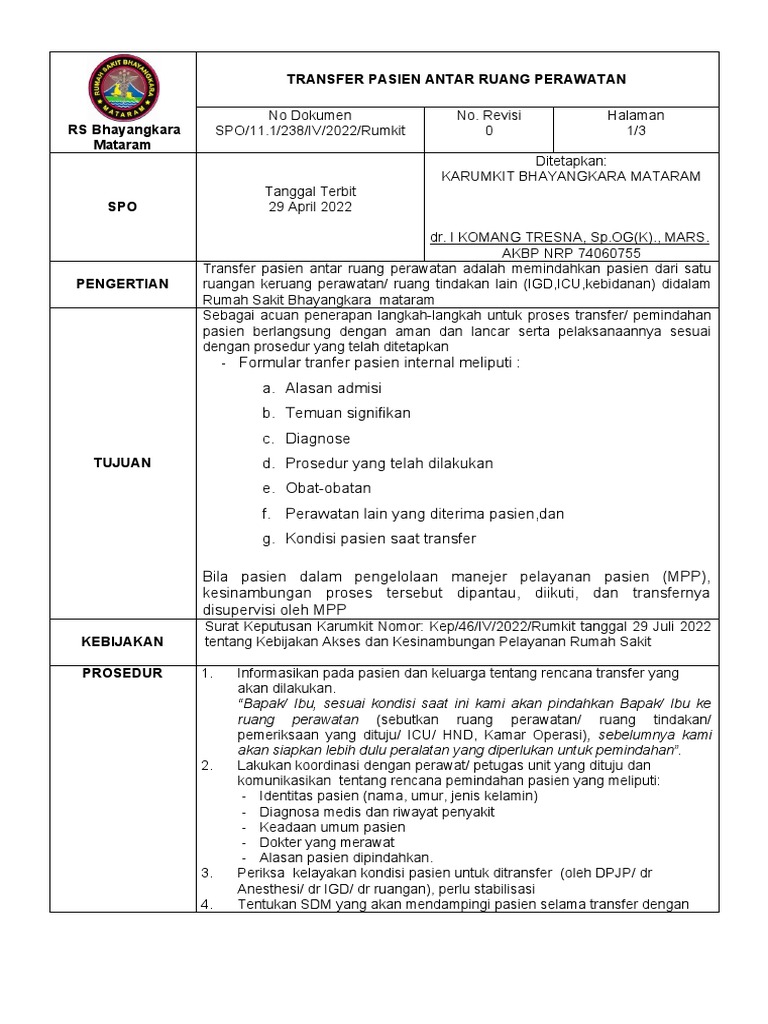 Spo Transfer Pasien Antar Ruang Perawatan | PDF
