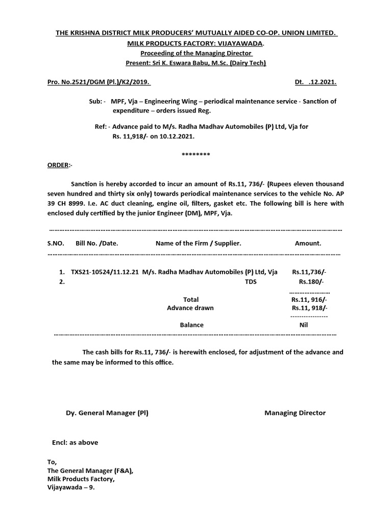 Maintenance Order for Milk Union Vehicle | PDF