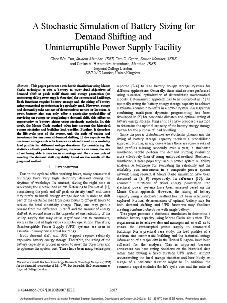 A Stochastic Simulation of Battery Sizing For Demand Shifting and ...
