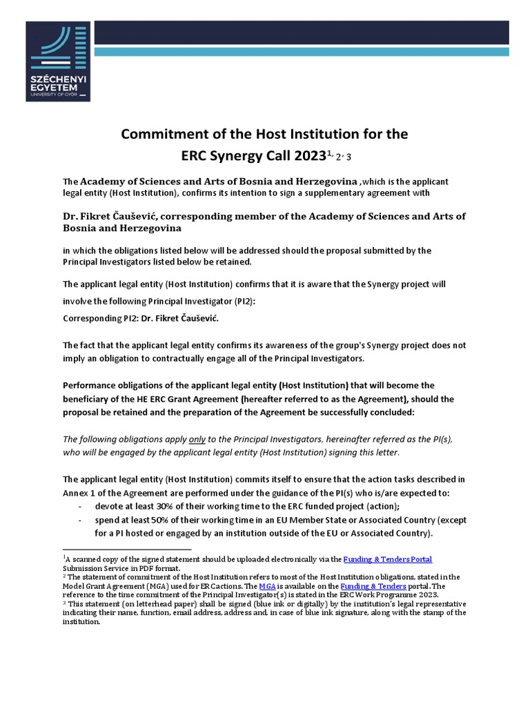 Commitment Letter from the Academy of Sciences and Arts of Bosnia and ...