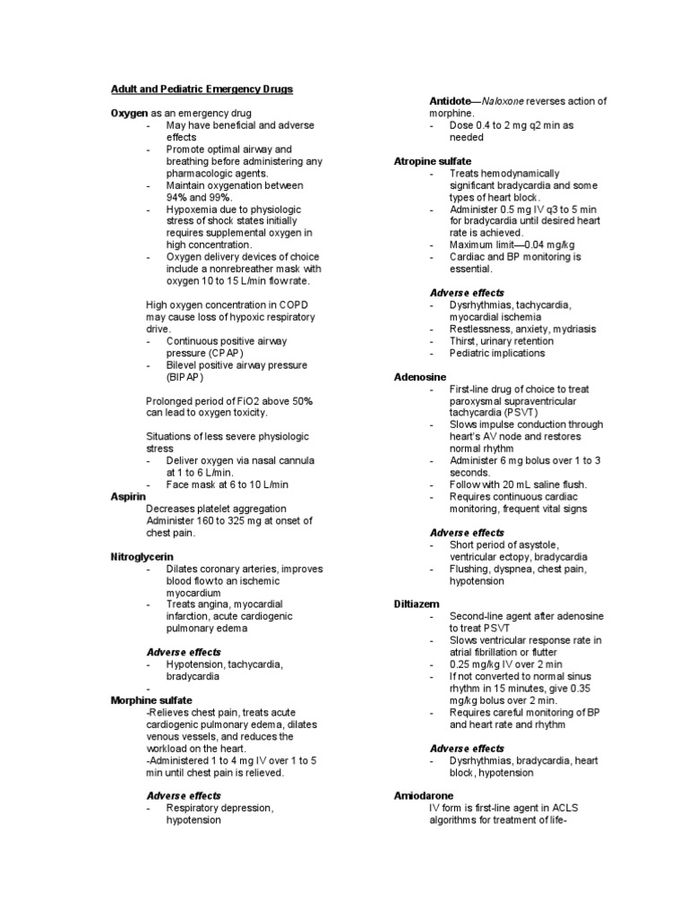 Adult and Pediatric Emergency Drugs | PDF | Heart | Intravenous Therapy