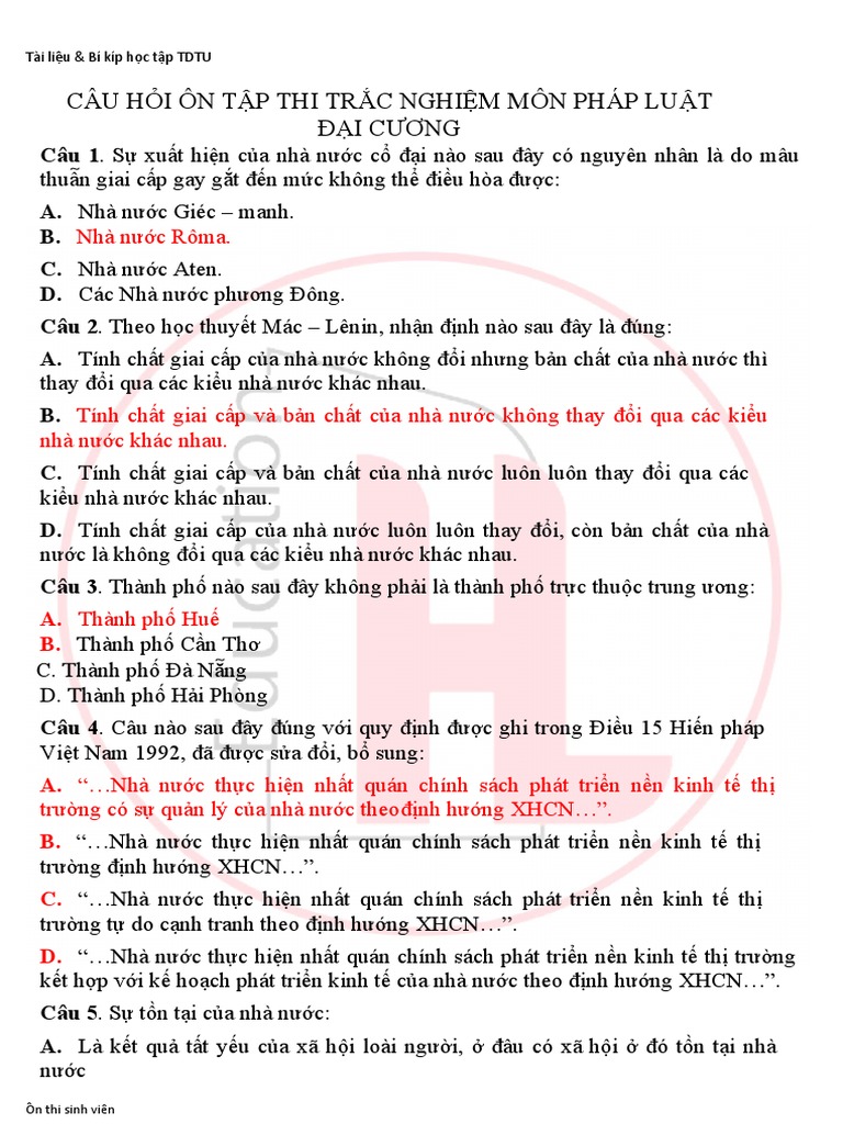 700 Cau Hoi Trac Nghiem Phap Luat Dai Cuong Co Dap An | PDF