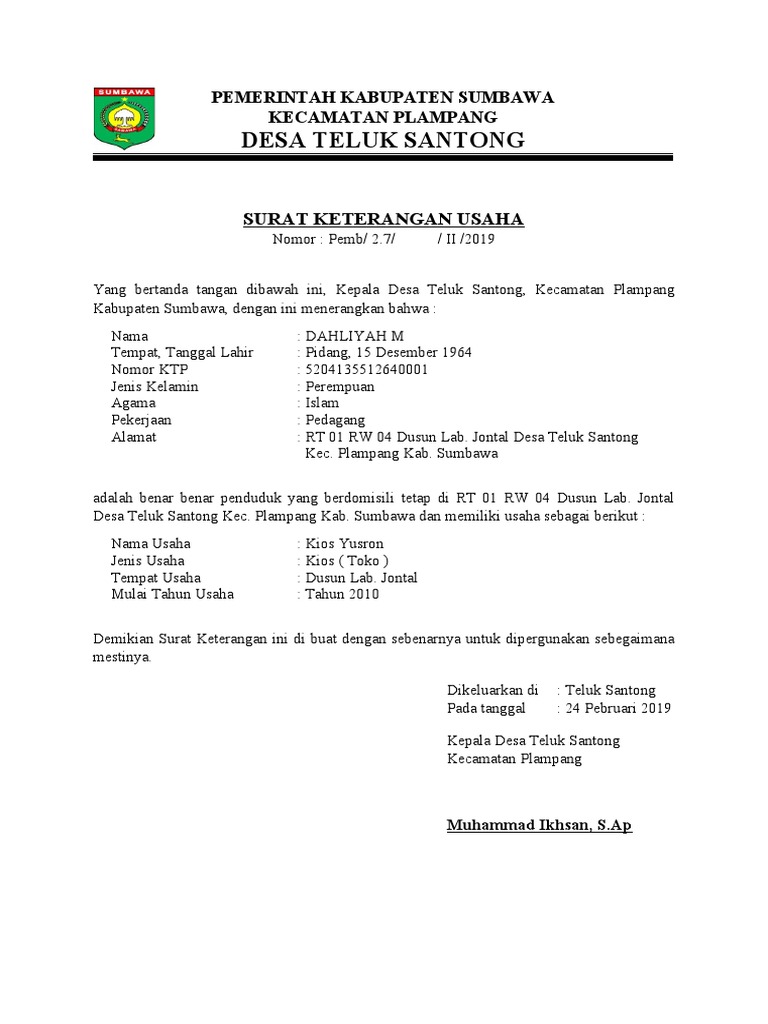 Contoh Surat Keterangan Usaha | PDF