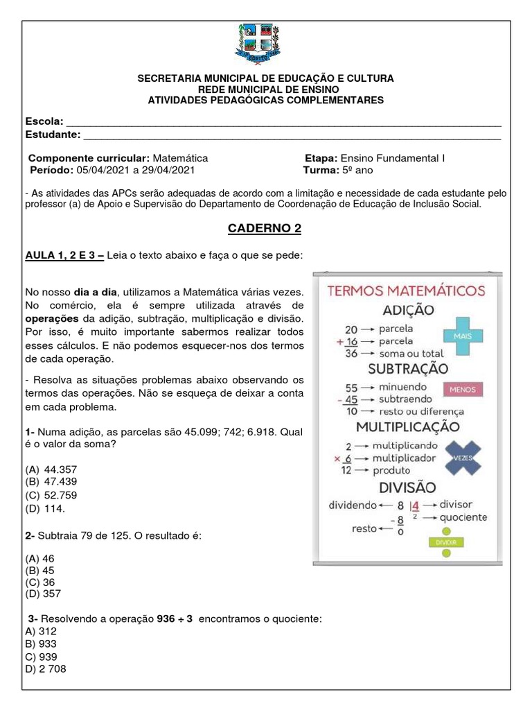 APCs - Matemática - 5° Ano | PDF | Vértice (Geometria) | Geometria