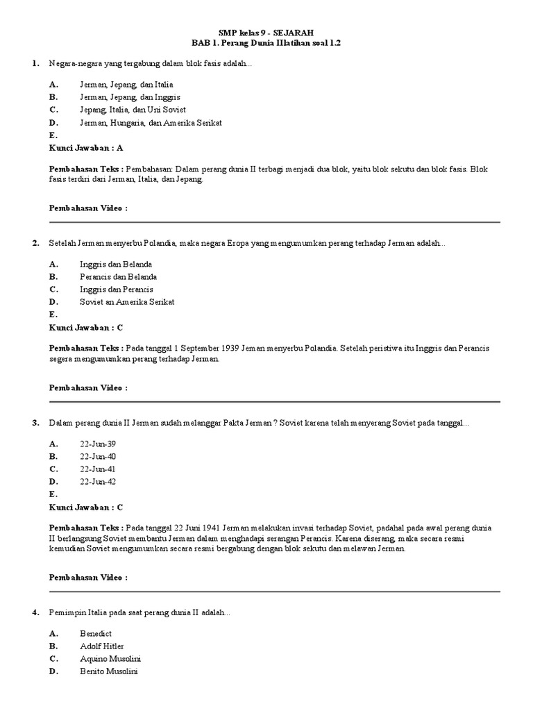 SMP Kelas 9 Sejarah Bab 1 Perang Dunia Iilatihan Soal 12 | PDF