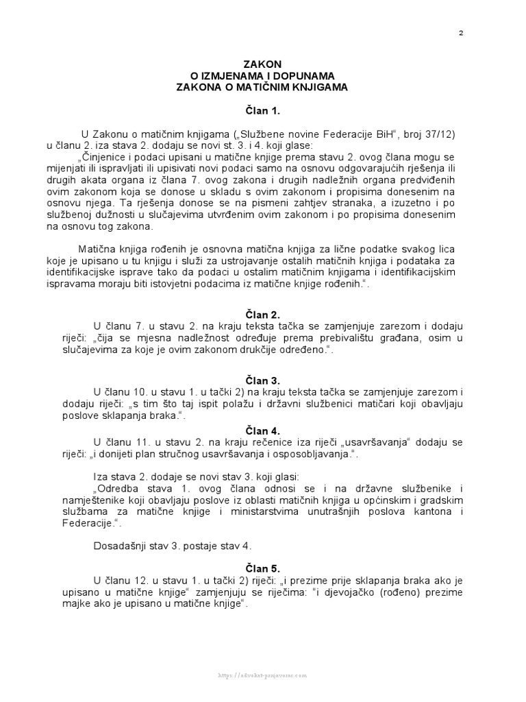 Zakon o Izmjenama I Dopunama Zakona o Maticnim Knjigama FBiH | PDF