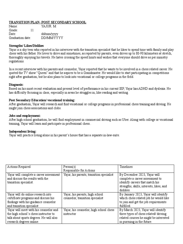 Sample IEP Transition Plan Students Careers Understood | PDF | School ...