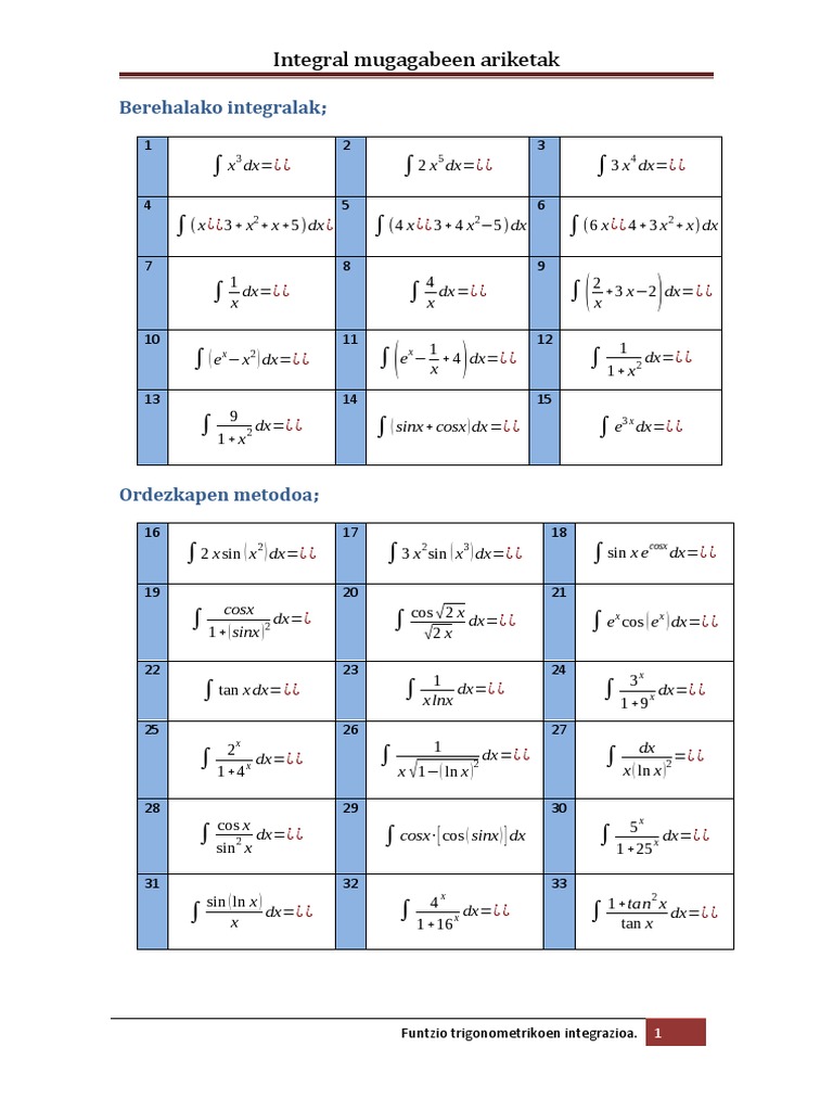 ARIKETAK INTEGRALAK emaitzekin | PDF