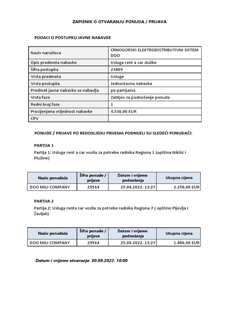Zapisnik o Otvaranju Ponuda Prijava | PDF