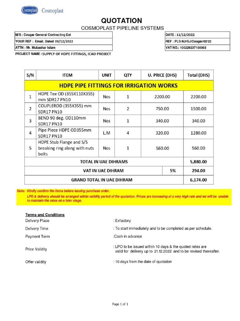 Supply of HDPE Fittings Cosmoplast | PDF