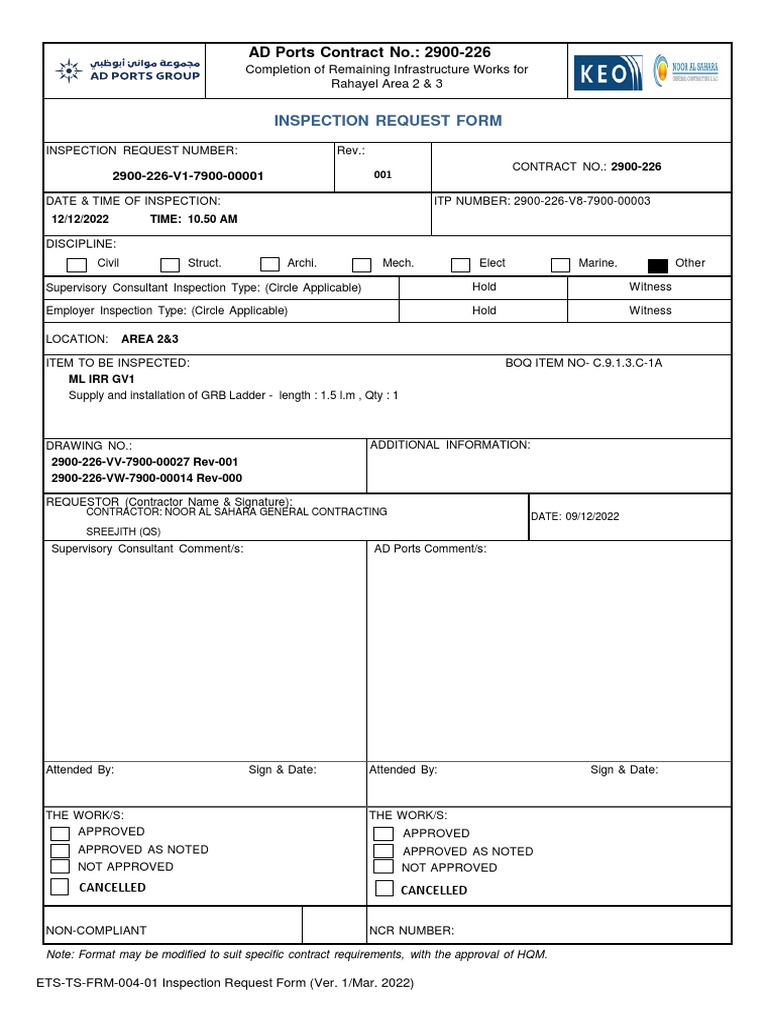 Inspection Request Form: AD Ports Contract No.: 2900-226 | PDF ...