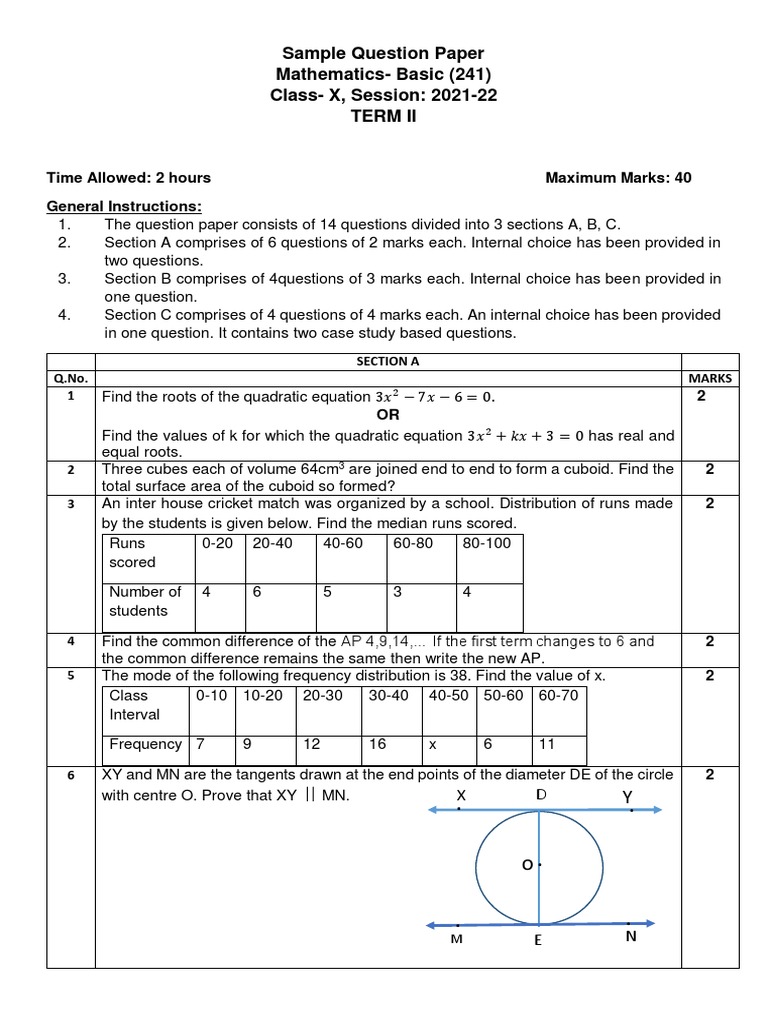 10 Maths Basic Sample Paper Term 2 | PDF | Circle | Lighthouse