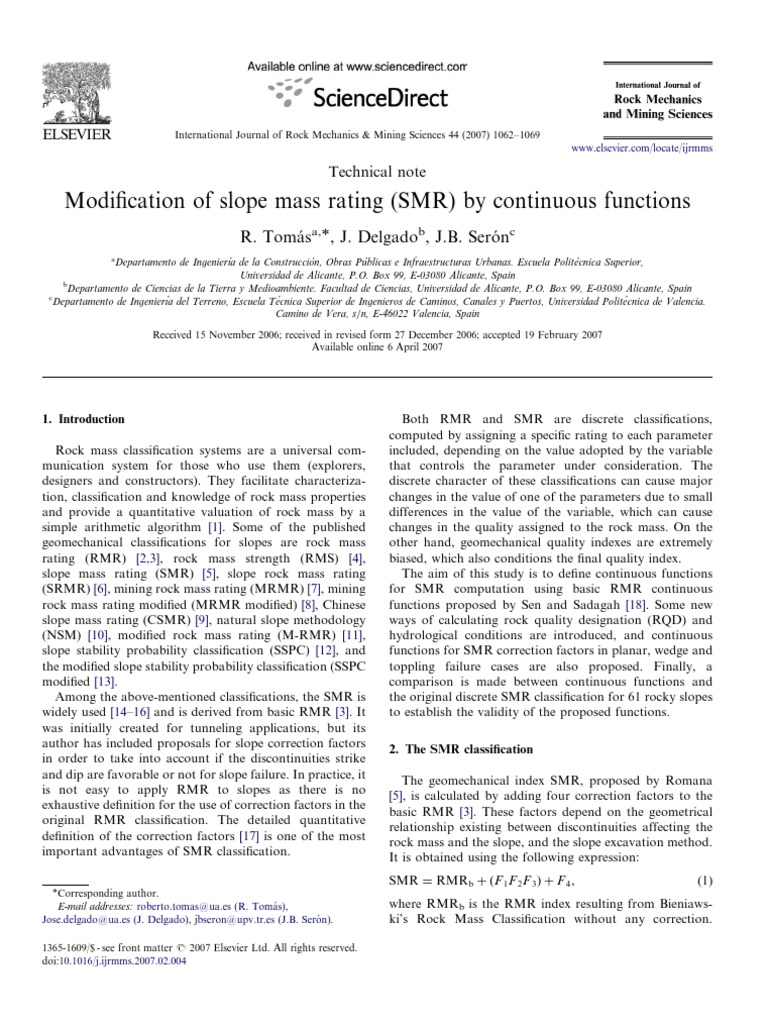 Modification of Slope Mass Rating (SMR) by Continuous Functions | PDF ... Modification of Slope Mass Rating (SMR) by Continuous Functions | PDF ...