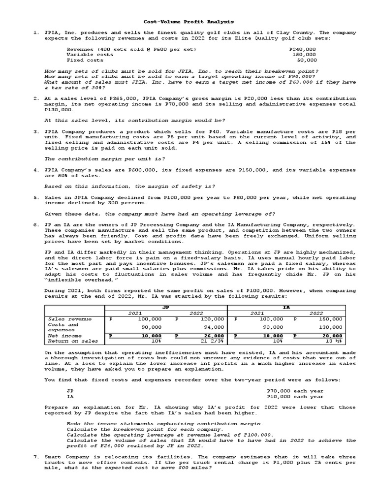 CVP Analysis Quiz and Exam Questions | PDF | Market (Economics ...
