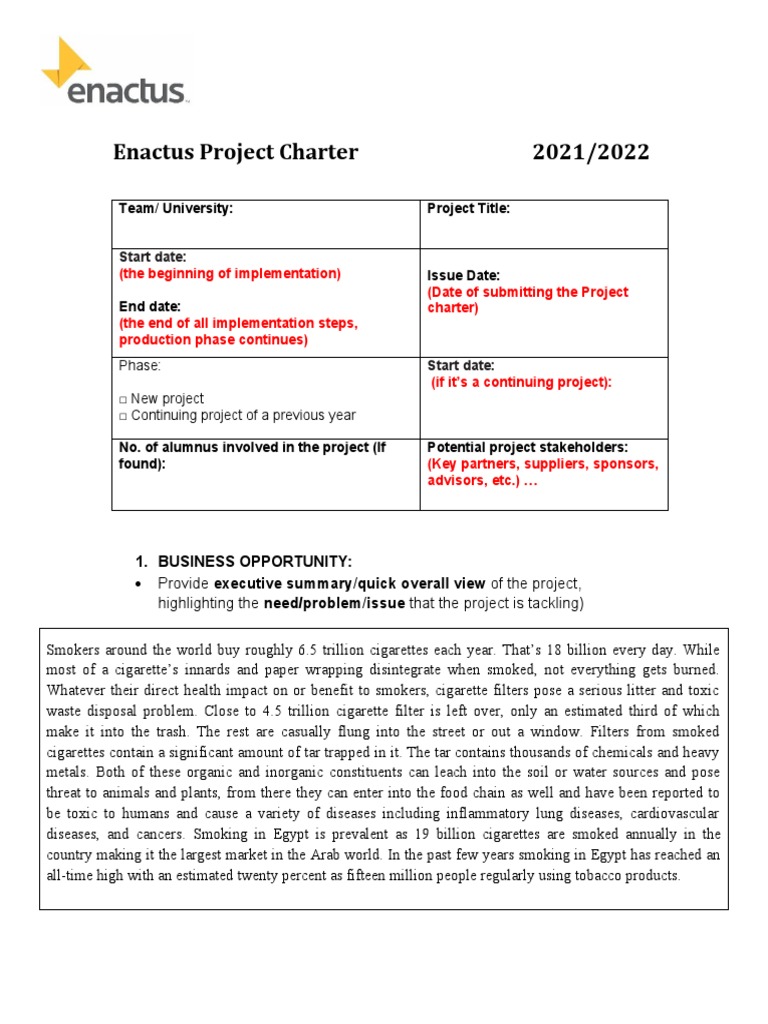 Enactus Project Charter (BUSINESS OPPORTUNITY) | PDF | Cigarette | Income