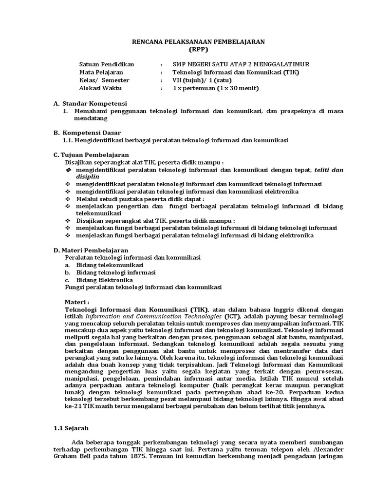 RPP Tik Kelas 7 | PDF