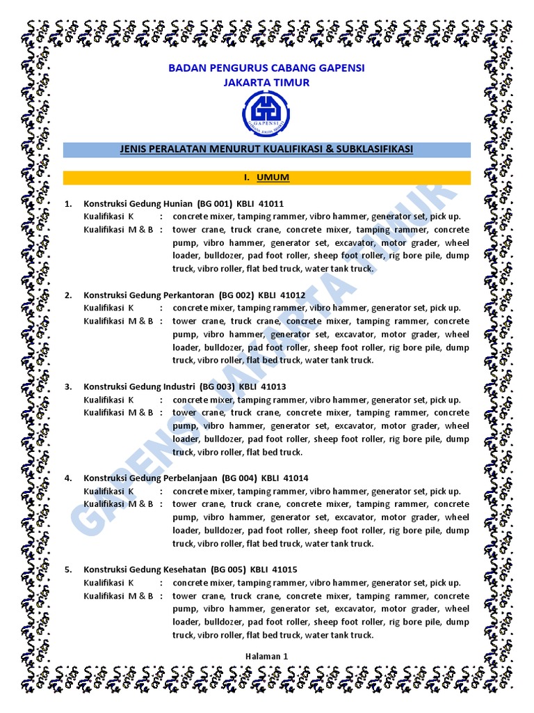 Jenis Peralatan Menurut Kualifikasi & Subklasifikasi | PDF | Dredging | Crane (Machine)