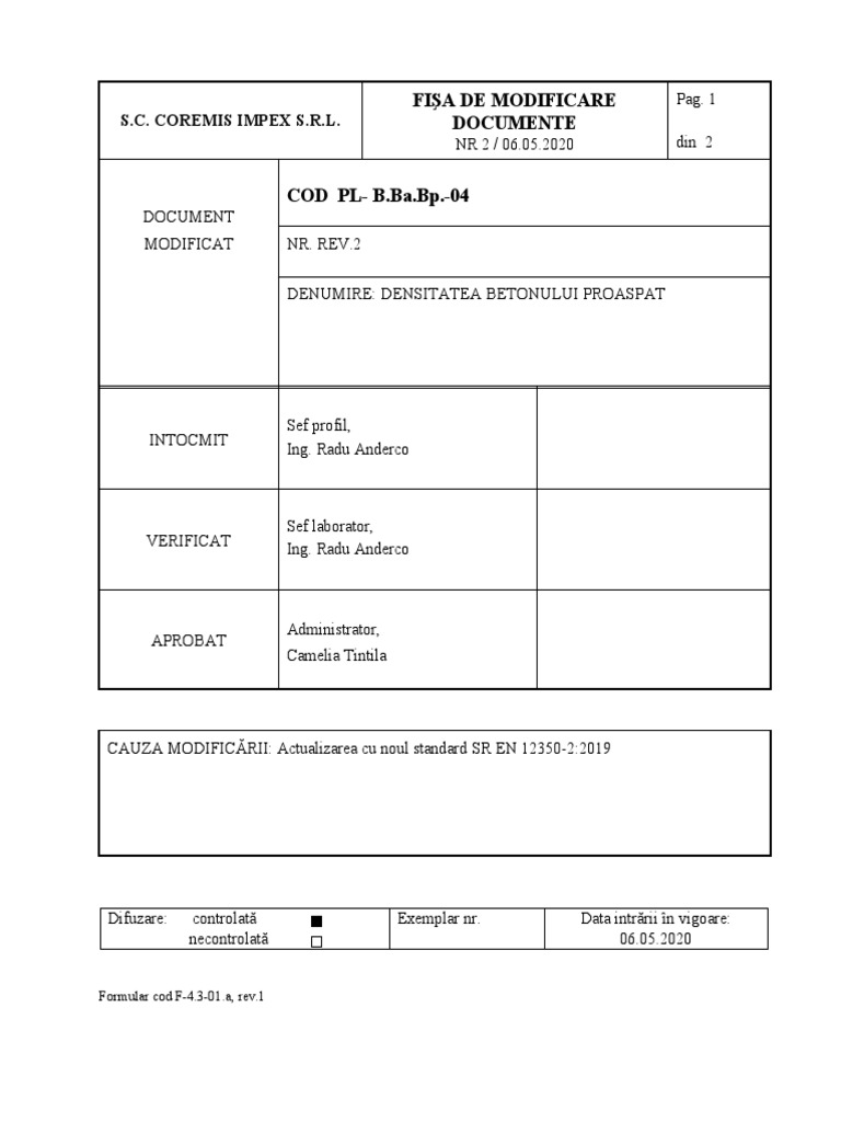 Fisa Modif Docum Densitate Bet PR II | PDF